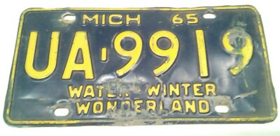 1965 ORIGINAL AUTHENTIC MICHIGAN LICENSE PLATE UA-9919 WATER WINTER ...