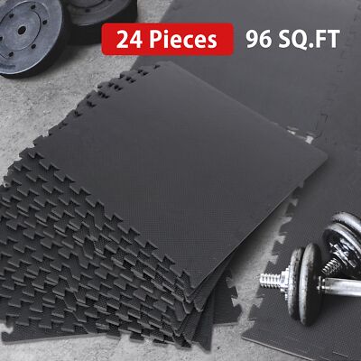 24 Pieces Puzzle Exercise Floor Mats Workout Gym Equipment Mat Black 24 ...