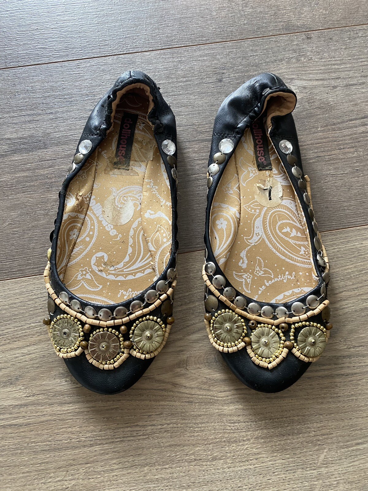 RARE VINTAGE DOLLHOUSE LEATHER BEADED BALLET FLATS - Gem