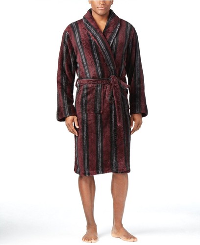 $141 Club Room Men Pajama Burgundy Stripe Fleece Robe Lounge Sleepwear ...