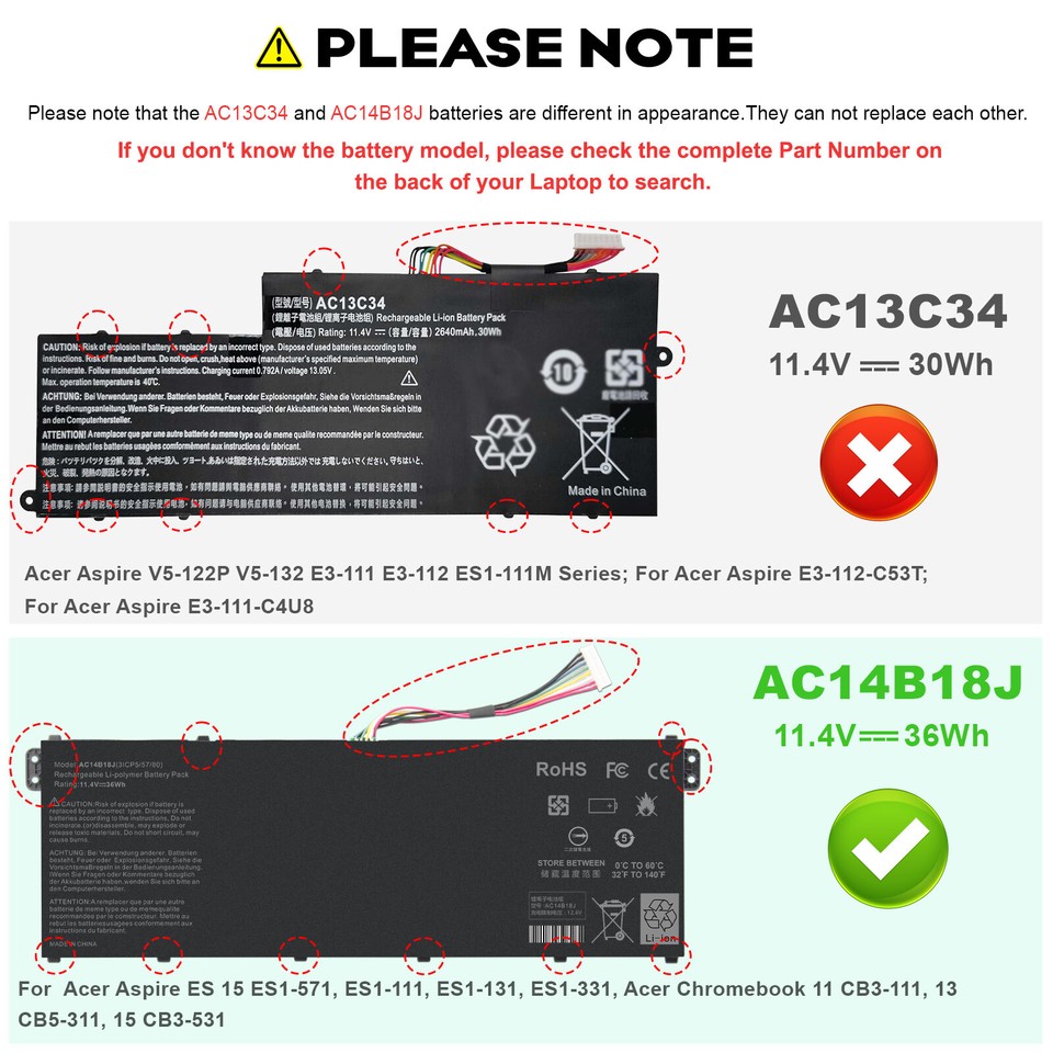 AC14B18J Battery for Acer Aspire E11 E3-112 B115 Series AC14B13J ...