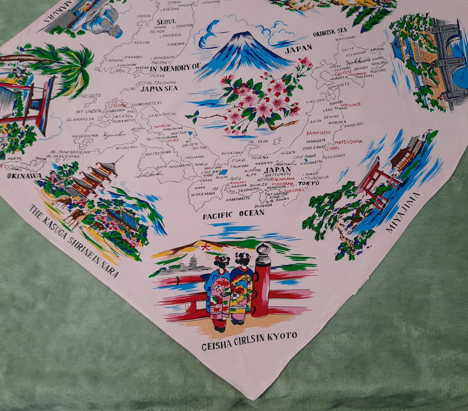 VTG Japan Souvenir Scarf Japanese Map Geisha Girl Oki… - Gem