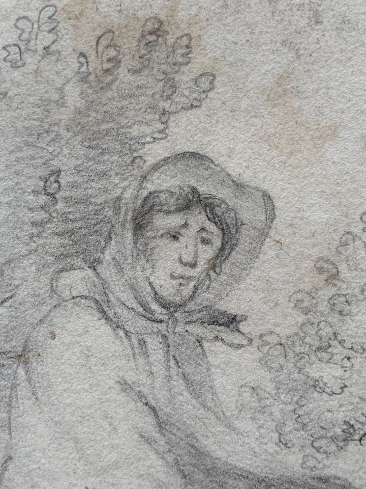 Antique English Pencil Drawing 1840s Mother and Child on a Windy Day ...
