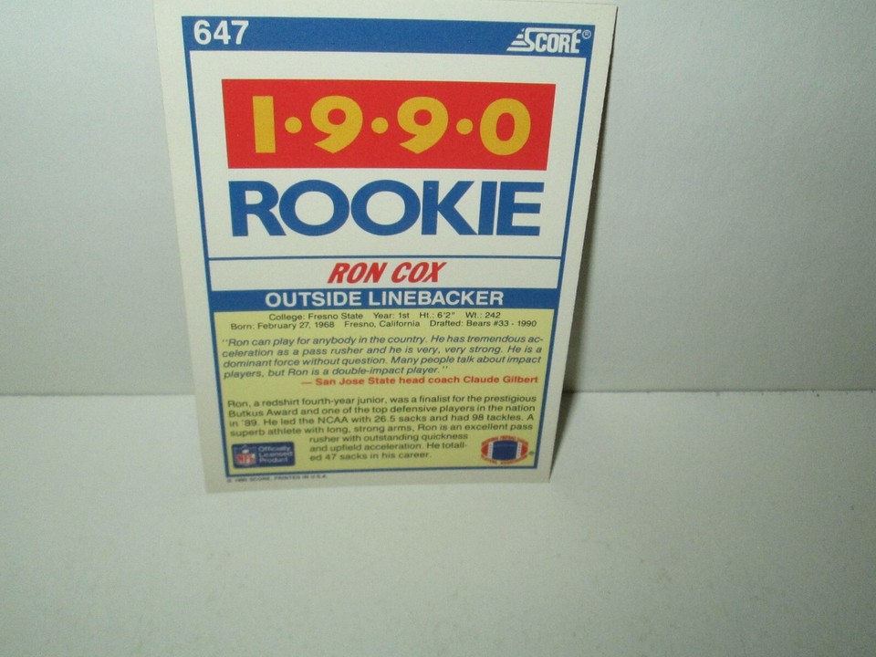 RON COX 1990 Score Card #647 Rookie Rc CHICAGO BEARS LB Mint | eBay