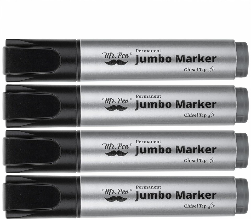 Jumbo Permanent Markers, 4 Pack, Chisel Tip, Black - Thick, Wide Tip, Large Size | eBay