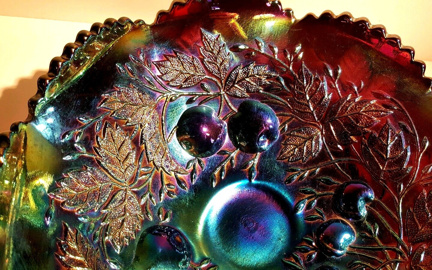 HUGE 11" Northwood Carnival Glass Three Fruits Grape Stippled Bowl Pie ...