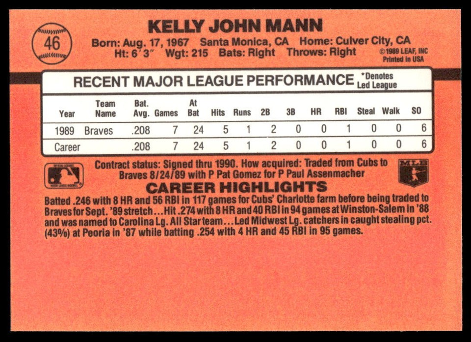 1990 Donruss 46 Kelly Mann Atlanta Braves Baseball Card Rated Rookie ...