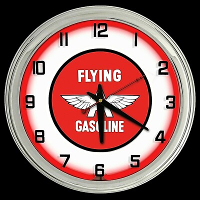 16" Flying A Gasoline Gas Oil Sign Red Neon Clock Chrome Finish Man ...