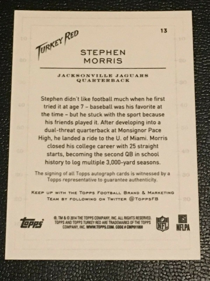 Stephen Morris 2014 Topps Turkey Red Rookie Autograph #13 Jacksonville ...
