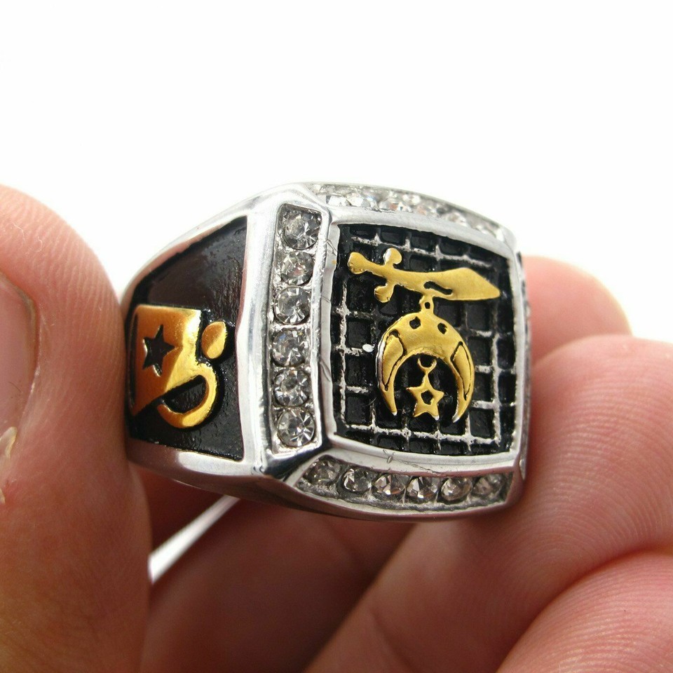 MENDEL Mens Gold Plated CZ Freemason Masonic Shriner Ring Size 7 8 9 10 ...