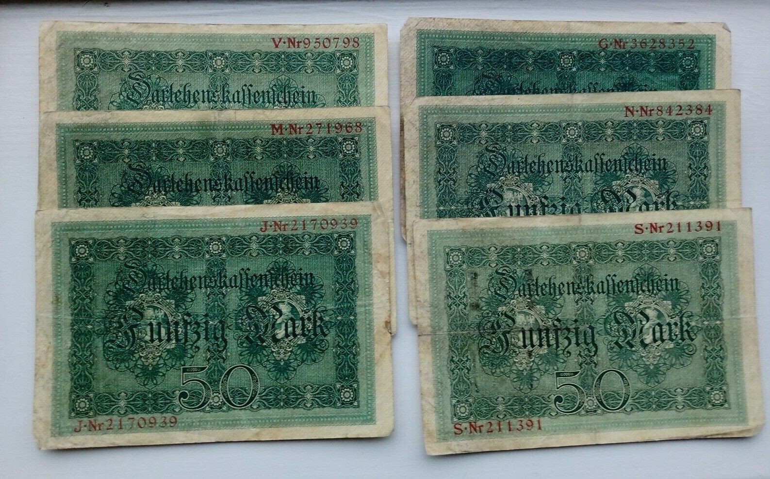 6 x WW1 Original German Funfzig 50 Mark DARLEHENSKAFFENFCHEIN Loan ...