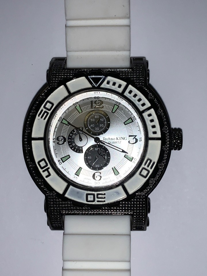 Techno King Quartz Mens Fashion Watches. New Battery. White Silicone ...