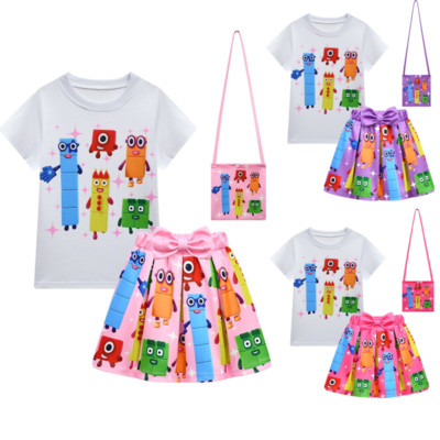 Girls Numbers Bricks T-Shirt Tops Pleated Skirt Outfit Kids Party Fancy ...
