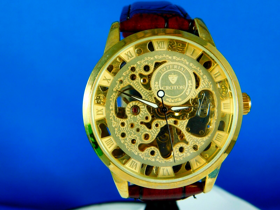 NEW CROTON IMPERIAL SKELETON AUTOMATIC GOLD PLATE MENS WRISTWATCH-BOX ...