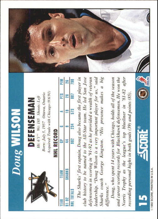 1992-93 Score Sharks Hockey Card #15 Doug Wilson | eBay