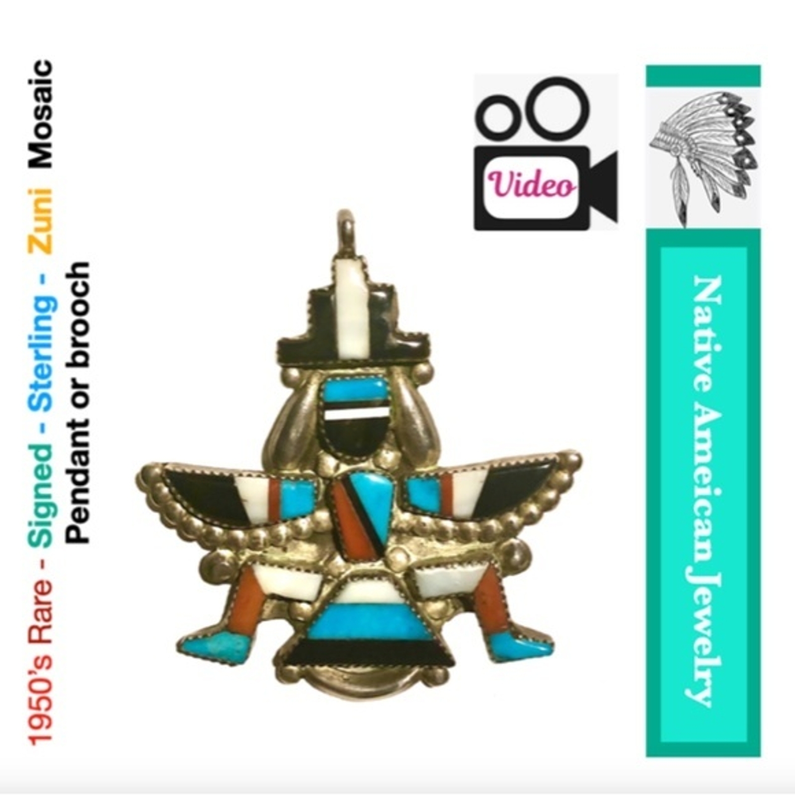 1950's Rare Signed Sterling Zuni Brooch or Pendant - Gem