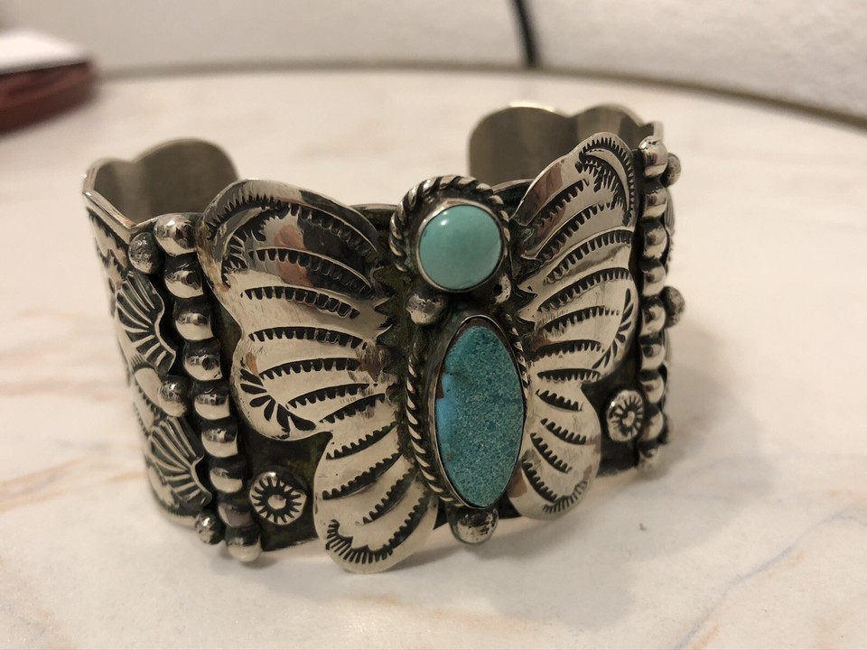 Navajo Large Nickel Silver Butterfly Turquoise Bracelet by Albert ...
