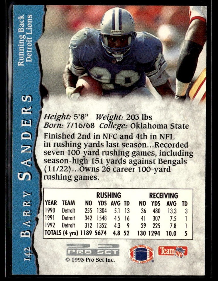 1993 Pro Set #142 Barry Sanders Lions Football Card 3602K | eBay UK