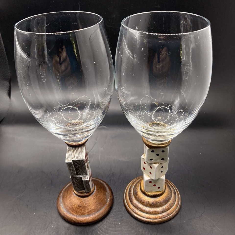 Vintage Poker Themed Wine Glasses Resin Dice Cards Wood Bases Man Cave ...