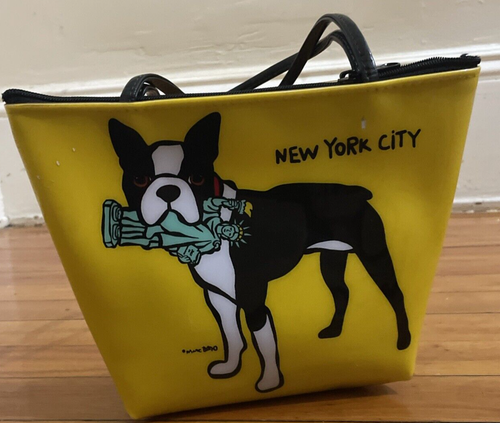 Marc Tetro Boston Terrier New York City Small Yellow Vinyl Purse Tote ...