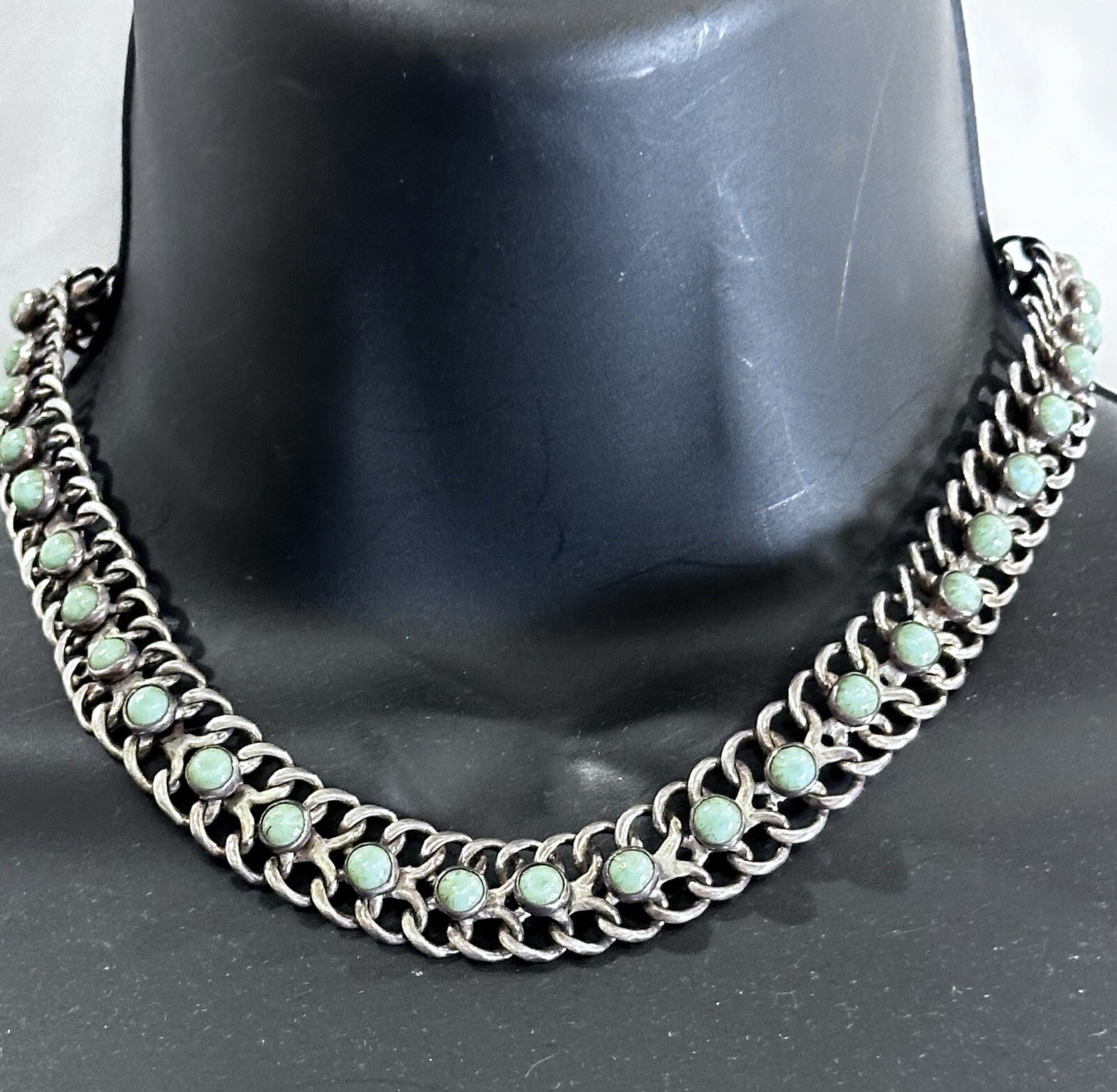 Taxco Mexico Sterling Silver Turquoise Link Necklace … - Gem
