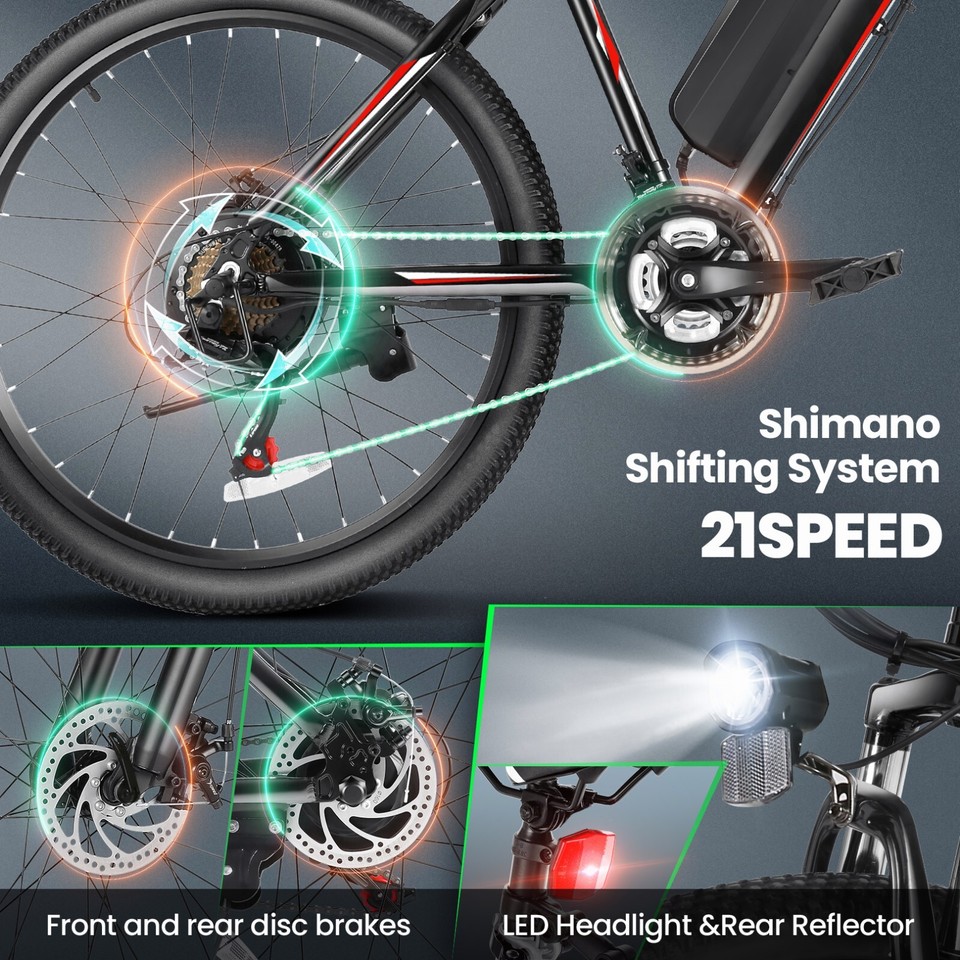 26in 500W 48V Electric Bike, E-Mountain Bicycle 21-Speed Cruiser e Bike ...