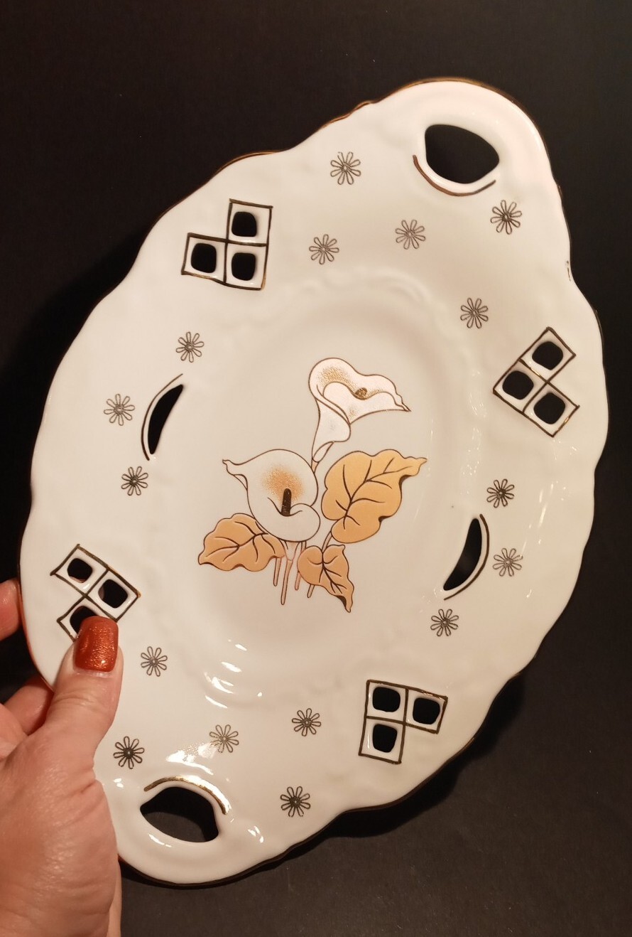 Vintage Apulum Fine Porcelain Gold Lily Floral Cutout Handled Oval Dish ...