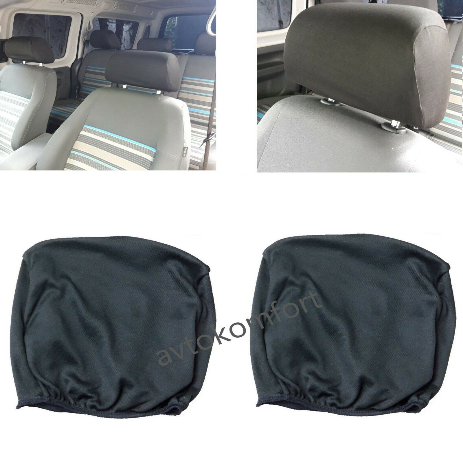 Pair 2 Black Headrest Covers For Car Van Bus Two Head Rest Covers Pad ...