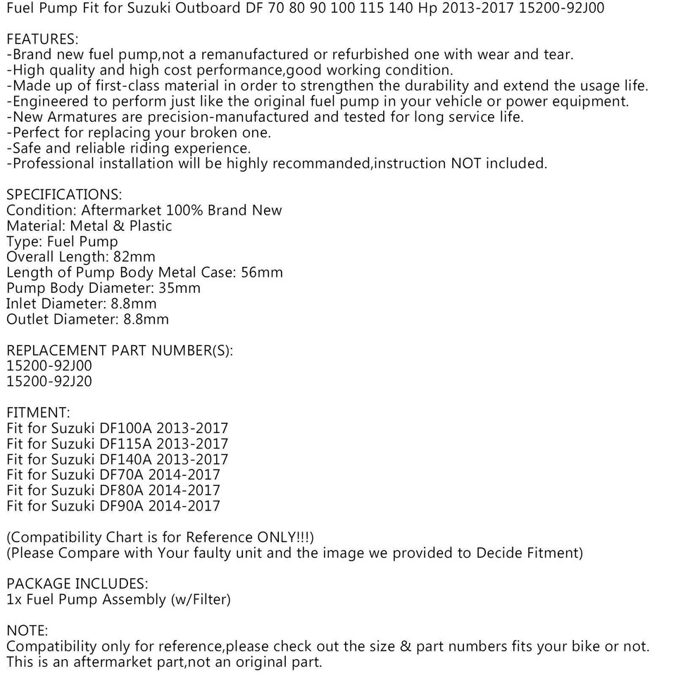 Fuel Pump Fits Suuki Outboard DF 70 80 90 100 115 140 Hp 13-17 15200 ...