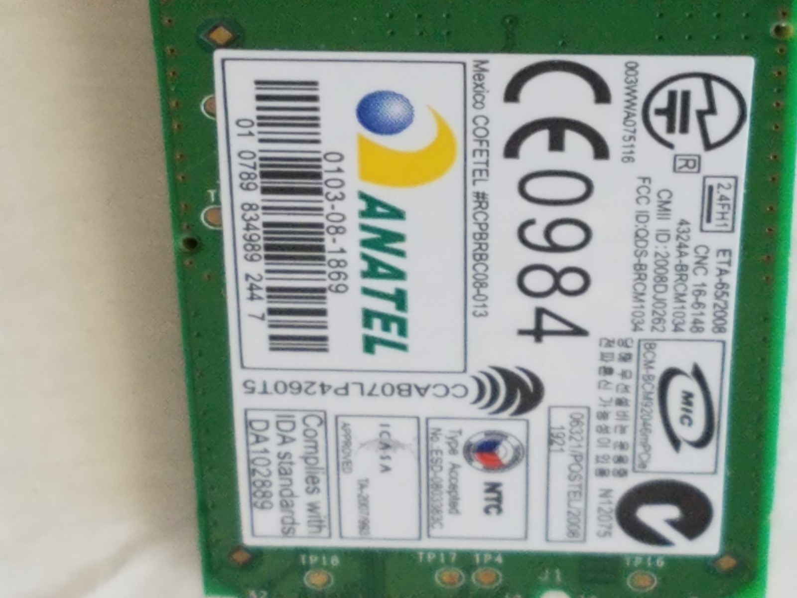DELL M980G WPAN BLUETOOTH CARD MINI-PCI-E M980G OM98OG BCM92046MPCIE ...