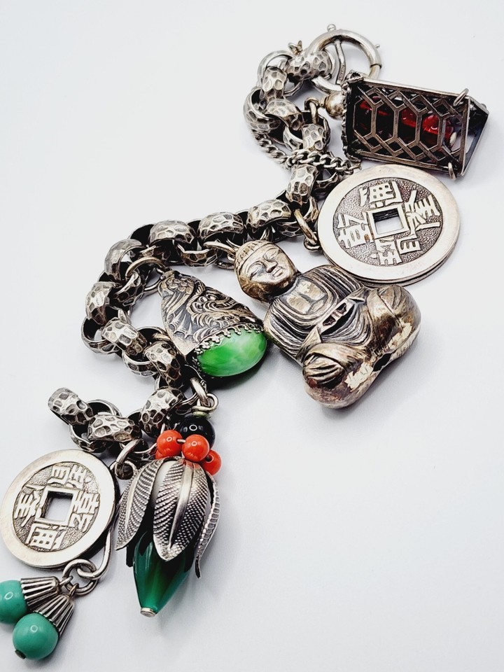 VERY CHUNKY Vintage SIGNED Napier ASIAN THEMED Fob CHARM BRACELET ...