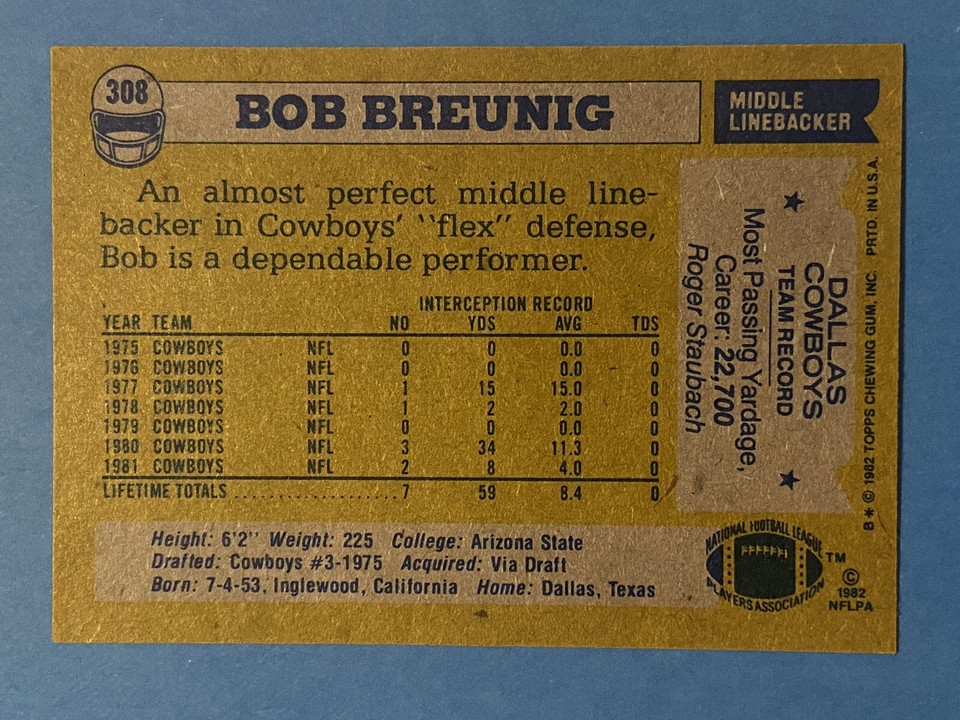 BOB BREUNIG Signed 1982 Topps #308 Dallas Cowboys Arizona State ...
