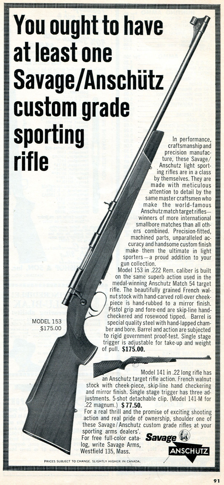 1964 Print Ad of Savage Anschutz Model 153 Custom Grade Sporting Rifle ...