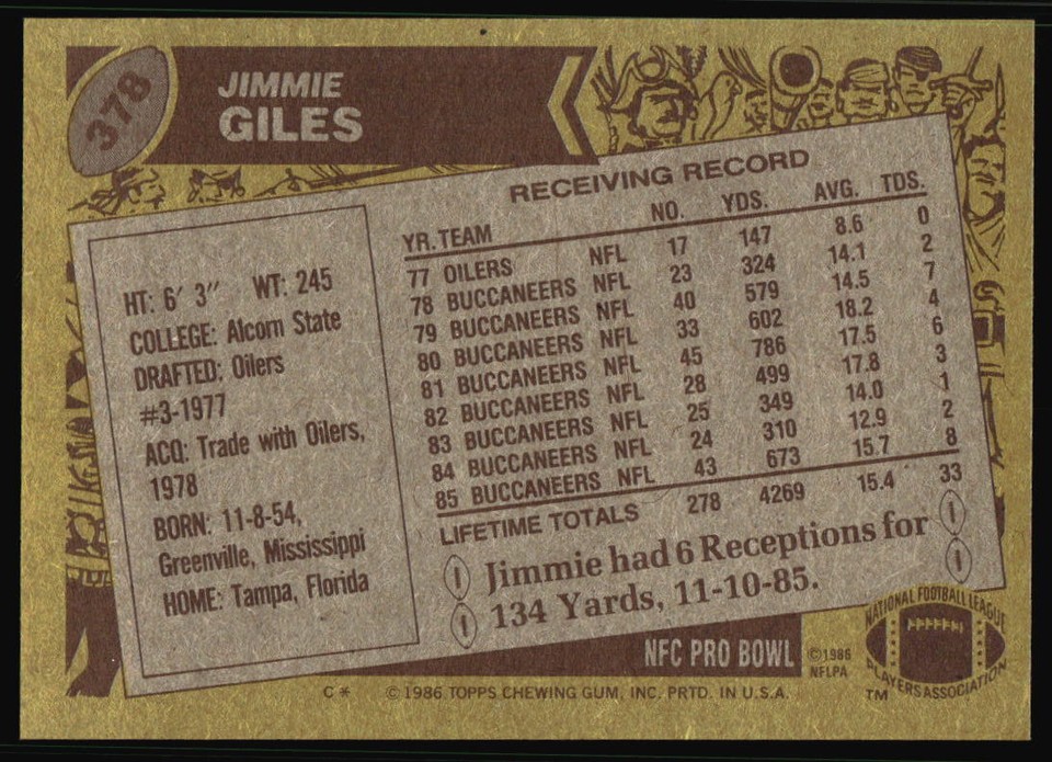 1986 Topps Jimmie Giles #378 Tampa Bay Buccaneers | eBay