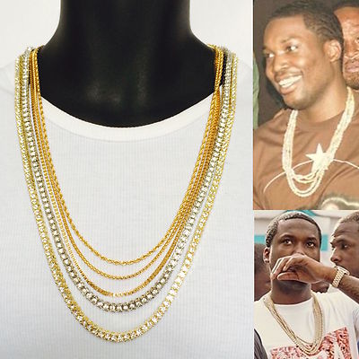 MENS HIP HOP MEEK MILL 5 CHAINS NECKLACE SET CZ ,ROPE,ROUND ,BOX CHAIN ...