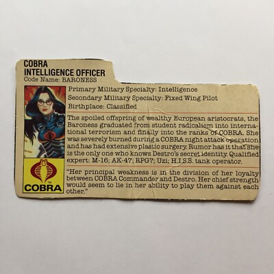 G.I. Joe Cobra BARONESS v.1 File/Bio Card Vintage 1984 | eBay