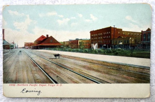 1908 POSTCARD FARGO NORTH DAKOTA NORTHERN PACIFIC RAILROAD TRAIN DEPOT ...