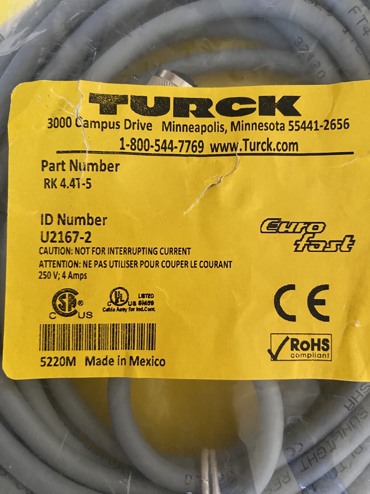 Turck Molded Cordset RK 4.4T-5 U2167-2 4 POLE NEW IN BAG | eBay