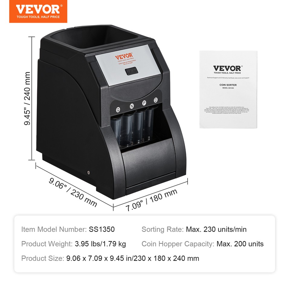 VEVOR USD Coin Sorter Coin Counter Wrapper and Roller 230 Coins/min 4 ...