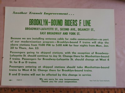 Orig 1969 New York City NYC Subway Notice Poster 12x17" Brooklyn NYCTA ...