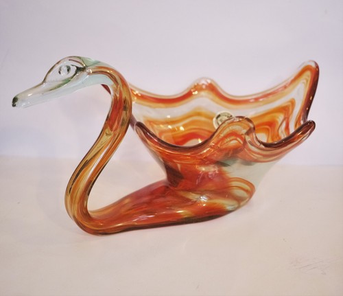 Vintage Sooner Glass Swan Blown Art Glass Fruit Bowl Orange Clear | eBay