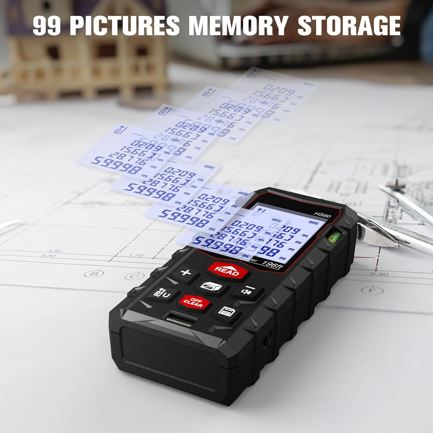 Laser Measure 196Ft, Charcity Laser Distance Meter 60M(M/In/F) with 2 ...