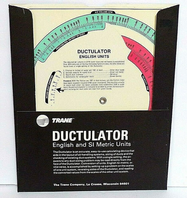 Trane #94.24 (8-85) Ductulator Duct Size Calculator English & SI Metric ...