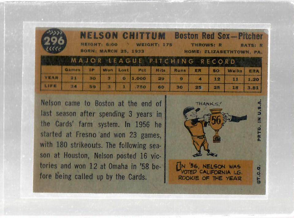 1960 TOPPS # 296 NELSON CHITTUM NICE CARD | eBay