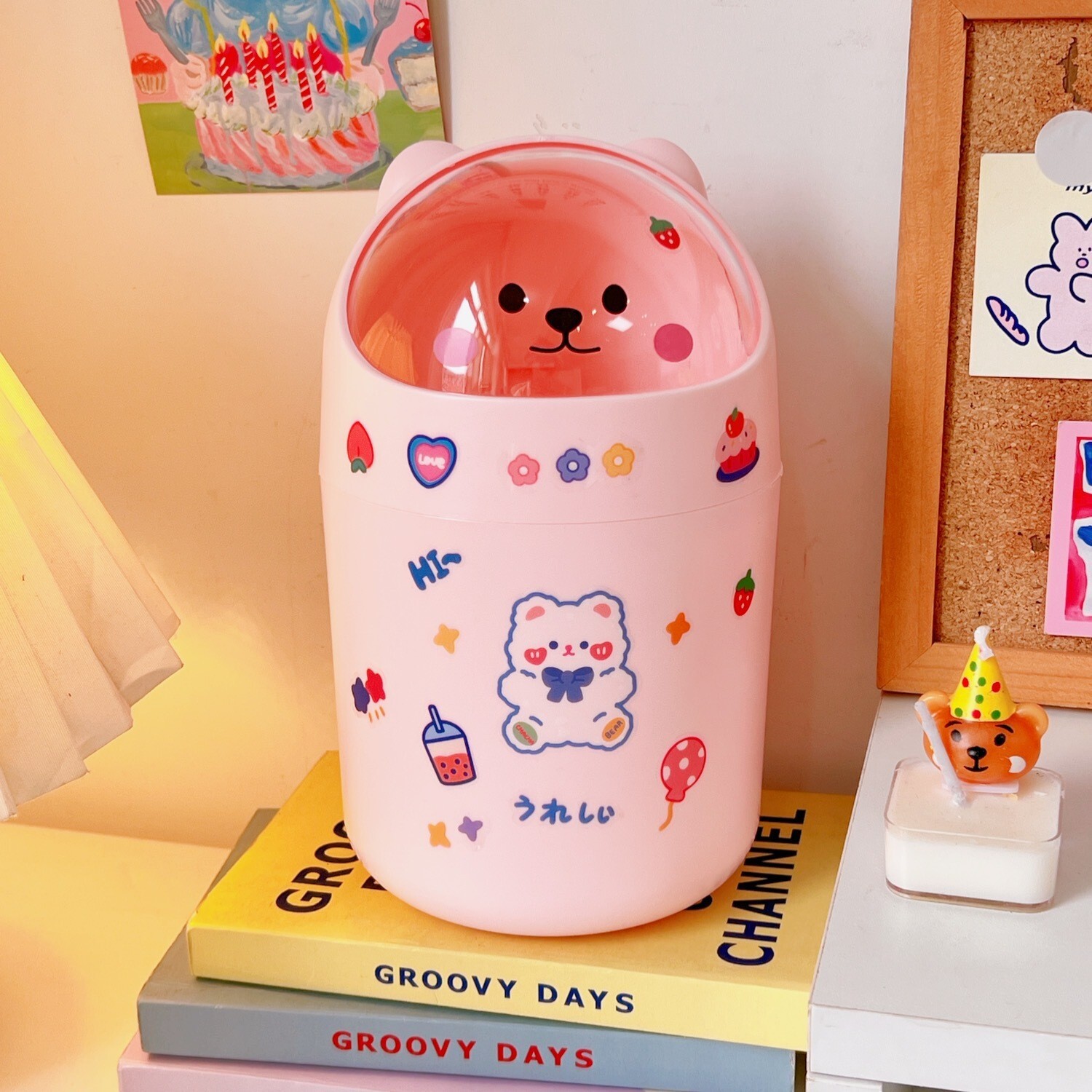 🍒Pink Desktop Trash Can Organizer with Lid Kawaii Cute Bear🍒 Trash Bin ...