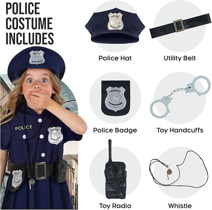 Girls Navy Blue Police Costume + Toys Kids Officer Cop Uniform Dress ...
