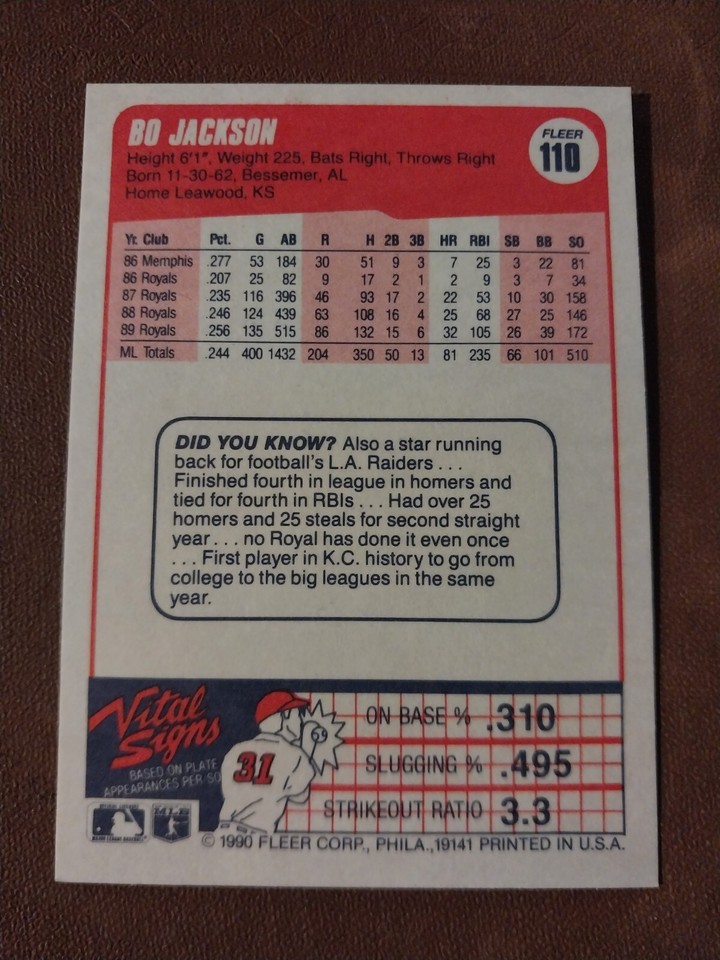 1990 BO JACKSON FLEER BASEBALL CARD #110 KC KANSAS CITY ROYALS RAIDERS ...