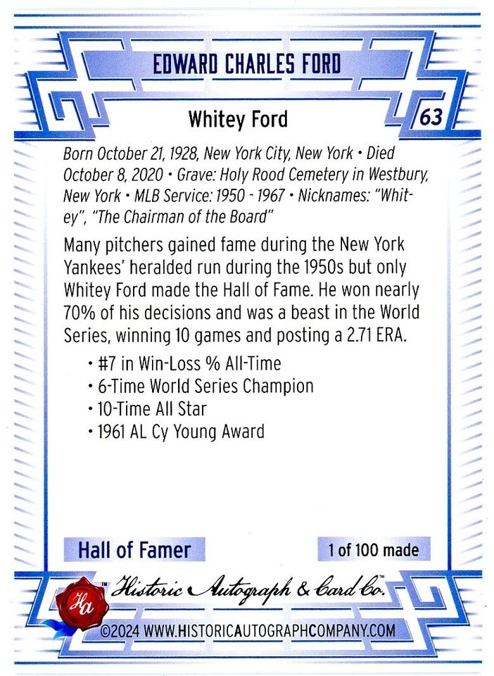 Whitey Ford 2024 Historic Autograph All Time Greats /100 New York ...