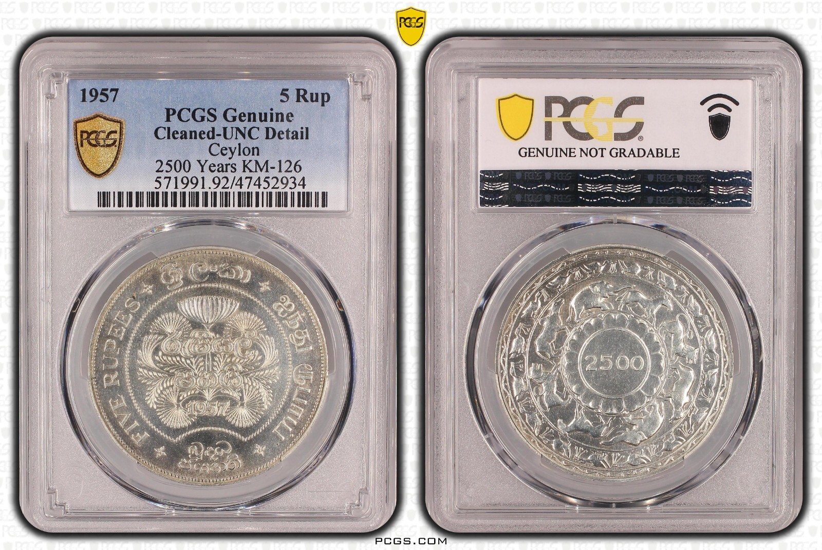 SRI LANKA CEYLON SILVER 5 RUPEE UNC COIN 1957 YEAR KM#126 BUDDHISM PCGS ...