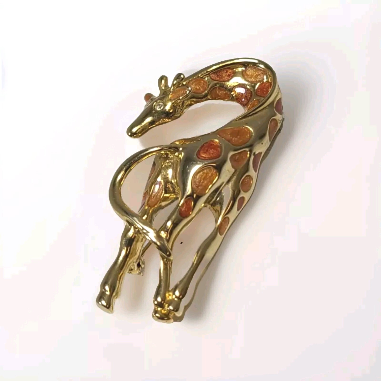 Vtg Giraffe Pin Brooch 1980s enamled gold tone metal - Gem